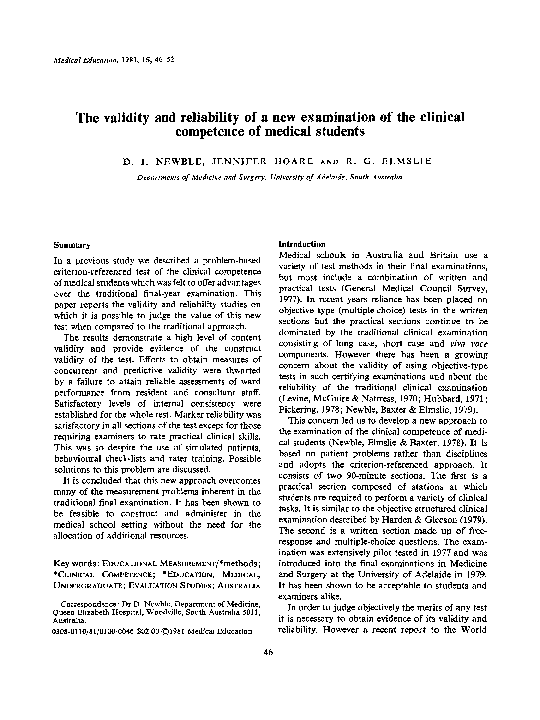 (PDF) The validity and reliability of a new examination of the clinical competence of medical ...