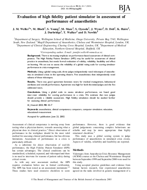 (PDF) Evaluation of high fidelity patient simulator in assessment of performance of anaesthetists