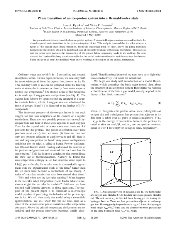 (PDF) Phase transition of an ice-proton system into a Bernal-Fowler state