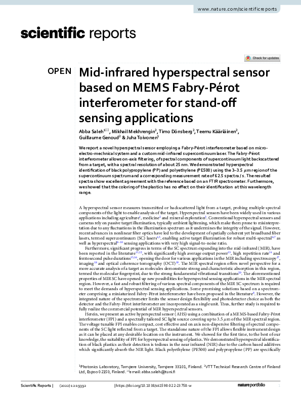 (PDF) Mid-infrared hyperspectral sensor based on MEMS Fabry-Pérot interferometer for stand-off ...