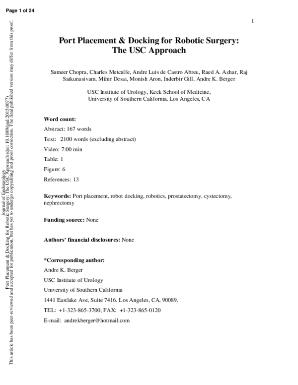 Port Placement & Docking for Robotic Surgery: The USC Approach