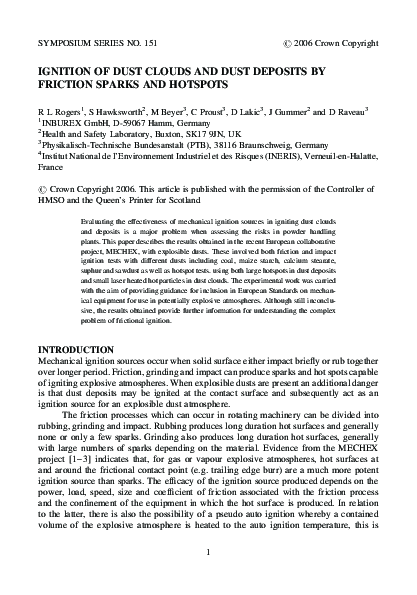 (PDF) Ignition of dust clouds and dust deposits by friction sparks and ...