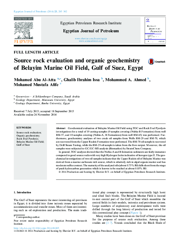 (PDF) Source rock evaluation and organic geochemistry of Belayim Marine ...