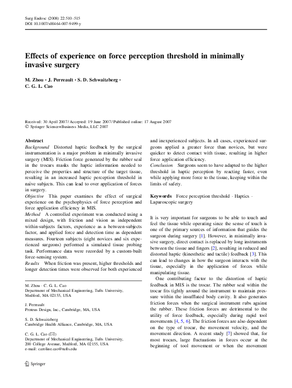 (PDF) Effects of experience on force perception threshold in minimally ...