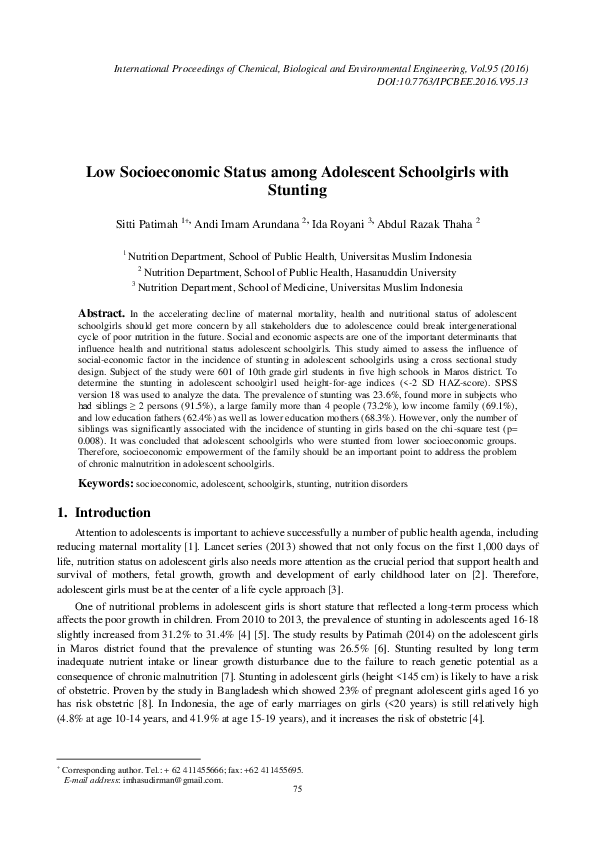 (PDF) Low Socioeconomic Status among Adolescent Schoolgirls with Stunting