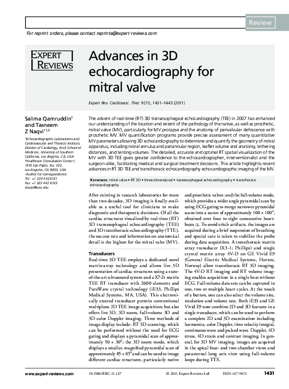 (PDF) Advances in 3D echocardiography for mitral valve