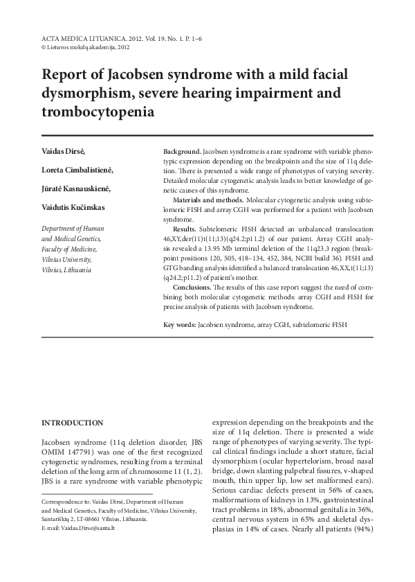 (PDF) Report of Jacobsen syndrome with a mild facial dysmorphism ...
