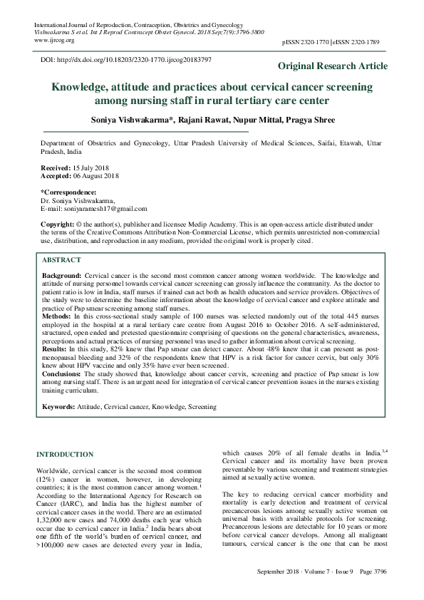 (PDF) Knowledge, attitude and practices about cervical cancer screening among nursing staff in ...
