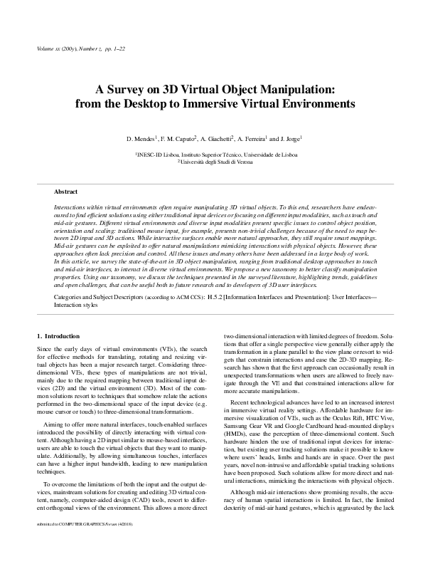 (PDF) A Survey on 3D Virtual Object Manipulation: From the Desktop to Immersive Virtual Environments