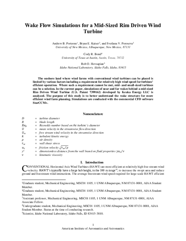 (PDF) Near-Wake Flow Simulations for a Mid-Sized Rim Driven Wind Turbine | Cody Bond - Academia.edu