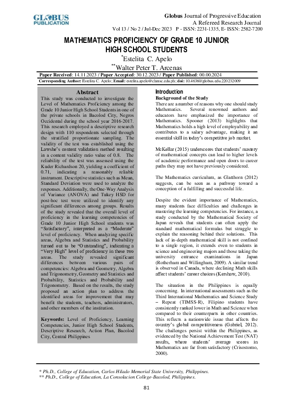 (PDF) MATHEMATICS PROFICIENCY OF GRADE 10 JUNIOR HIGH SCHOOL STUDENTS
