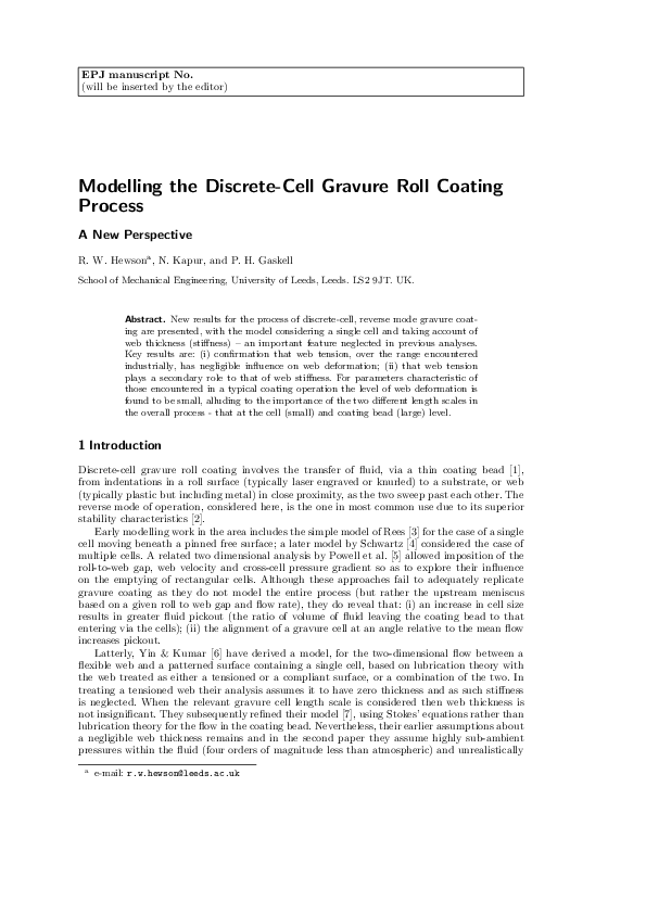 (PDF) Modelling the discrete-cell gravure roll coating process