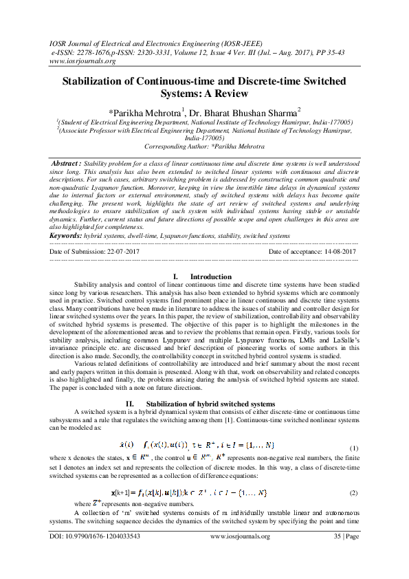 (PDF) Stabilization of Continuous-time and Discrete-time Switched Systems : A Review