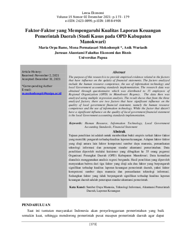 (PDF) Faktor-Faktor yang Mempengaruhi Kualitas Laporan Keuangan Pemerintah Daerah (Studi Kasus ...