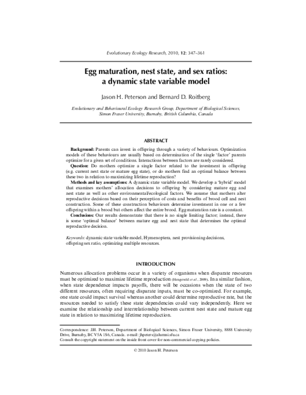 (PDF) Egg maturation, nest state, and sex ratios: A dynamic state variable model