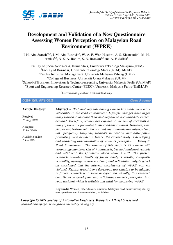(PDF) Development and Validation of a New Questionnaire Assessing Women Perception on Malaysian ...