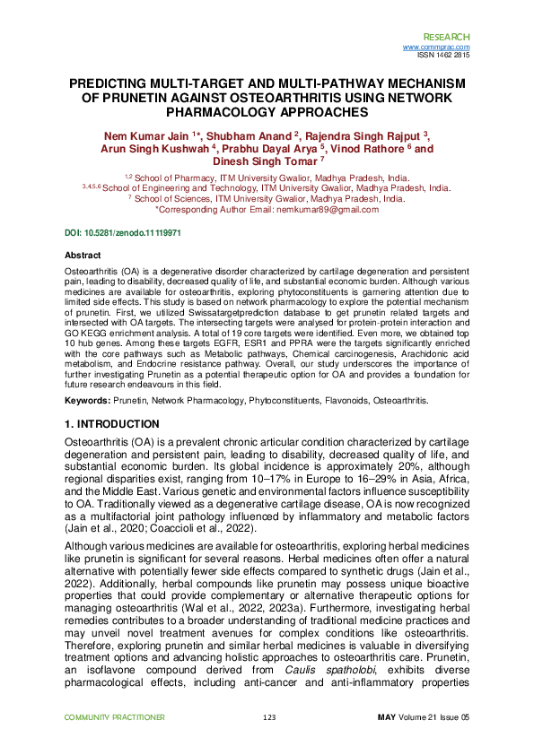 (PDF) PREDICTING MULTI-TARGET AND MULTI-PATHWAY MECHANISM OF PRUNETIN AGAINST OSTEOARTHRITIS ...
