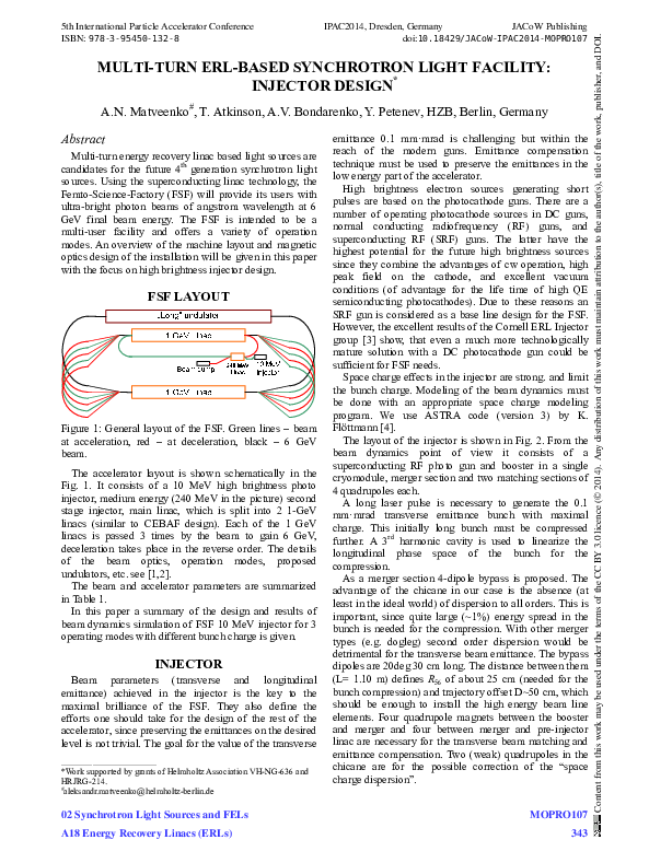 (PDF) Multi-Turn Erl-Based Synchrotron Light Facility: Injector Design