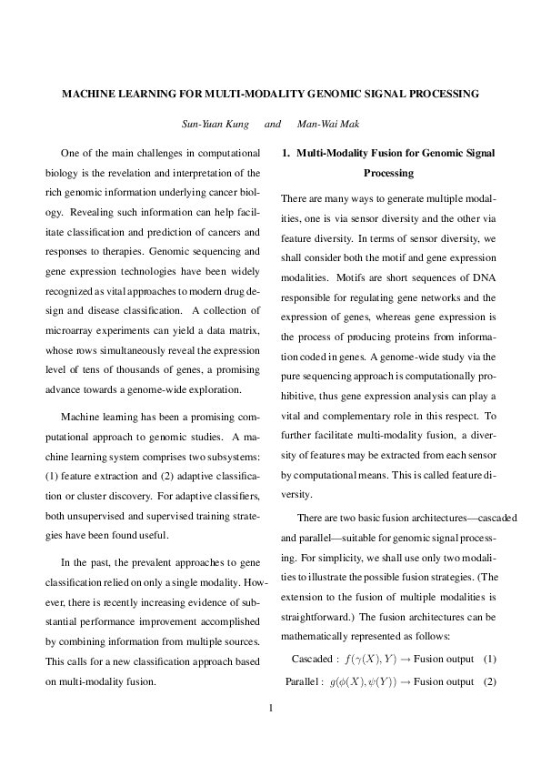 (PDF) Machine learning for multimodality genomic signal processing