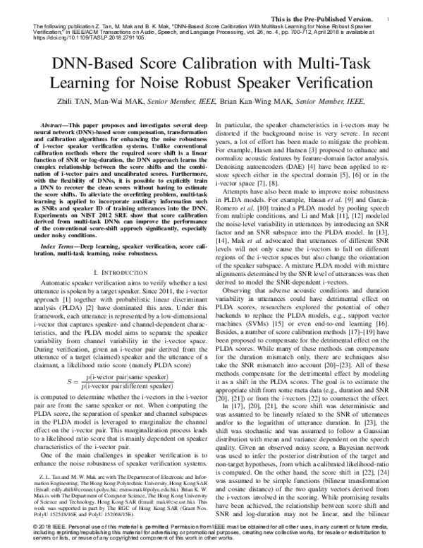 (PDF) DNN-Based Score Calibration With Multitask Learning for Noise Robust Speaker Verification