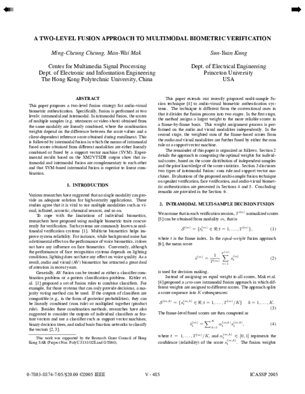 (PDF) A two-level fusion approach to multimodal biometric verification