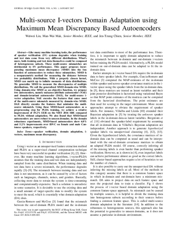 Pdf Multisource I Vectors Domain Adaptation Using Maximum Mean Discrepancy Based Autoencoders