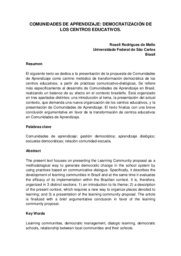 (PDF) Comunidades de aprendizaje: democratización de los centros educativos