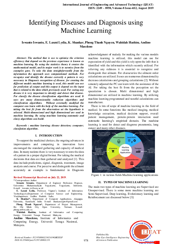 (PDF) Identifying Diseases and Diagnosis using Machine Learning