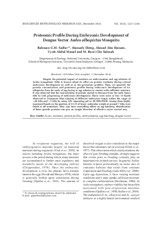 (PDF) Proteomic Profile During Embryonic Development of Dengue Vector Aedes albopictus Mosquito