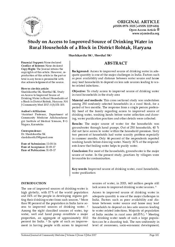 (PDF) Study on Access to Improved Source of Drinking Water in Rural ...