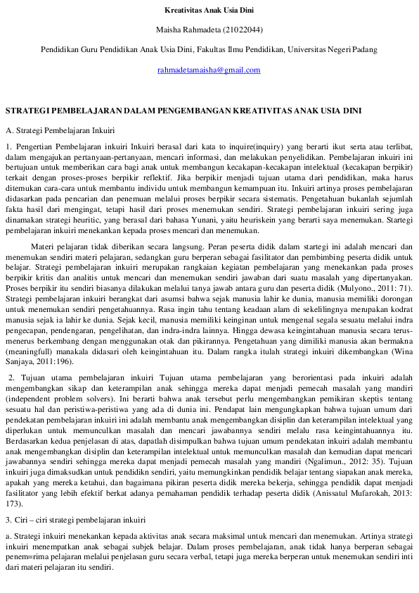 (PDF) STRATEGI PEMBELAJARAN DALAM PENGEMBANGAN KREATIVITAS ANAK USIA DINI