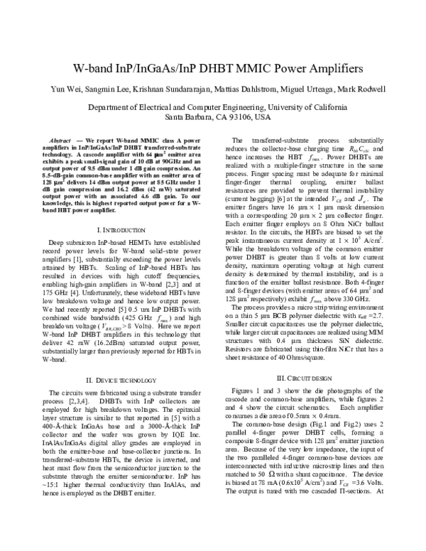 (PDF) W-band InP/InGaAs/InP DHBT MMIC power amplifiers
