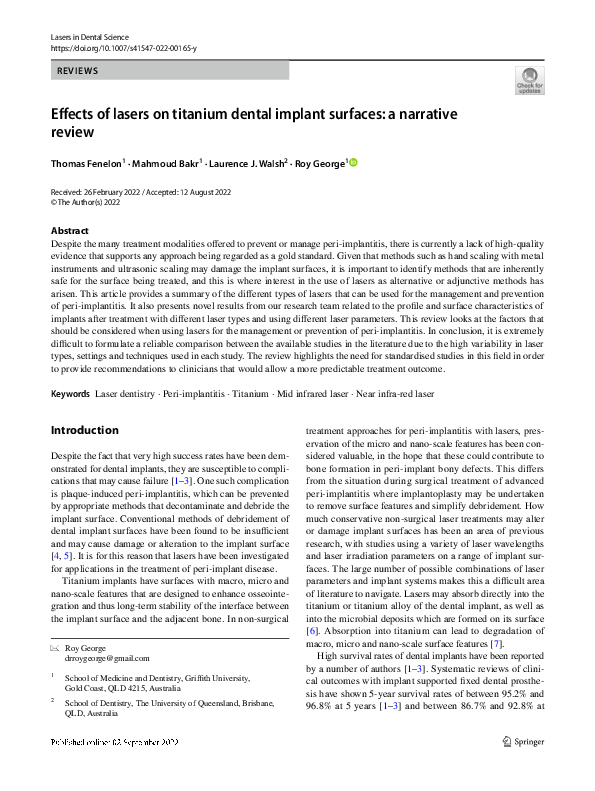 (PDF) Effects of lasers on titanium dental implant surfaces: a narrative review | Laurence Walsh ...