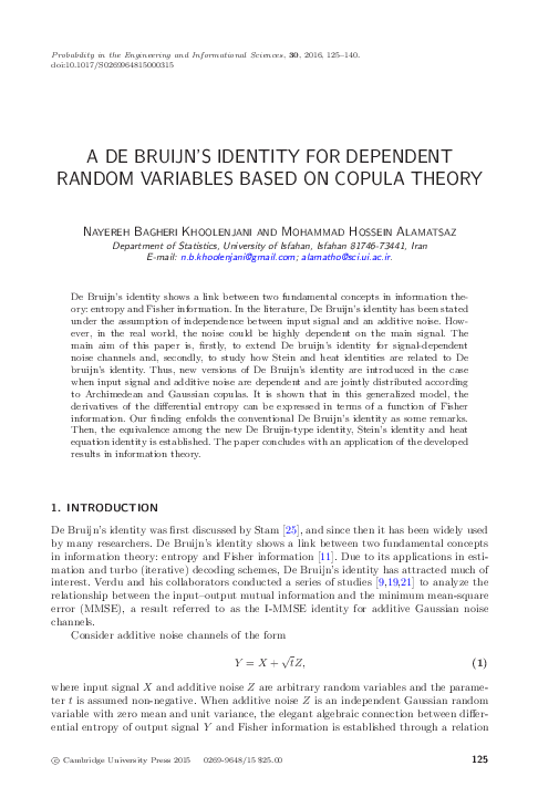 (PDF) A De Bruijn's Identity for Dependent Random Variables Based on ...