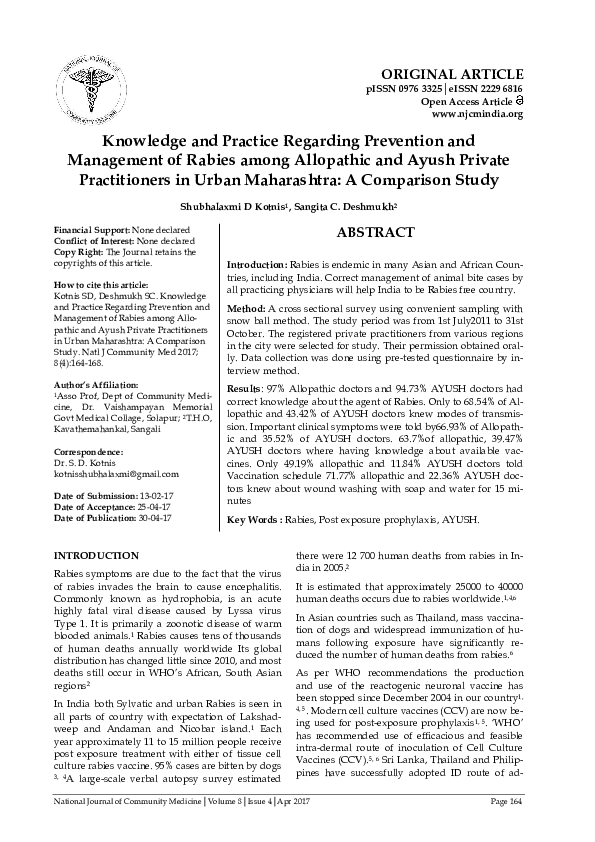 (PDF) Knowledge and Practice Regarding Prevention and Management of Rabies among Allopathic and ...