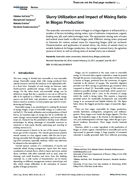 (PDF) Slurry Utilization and Impact of Mixing Ratio in Biogas Production