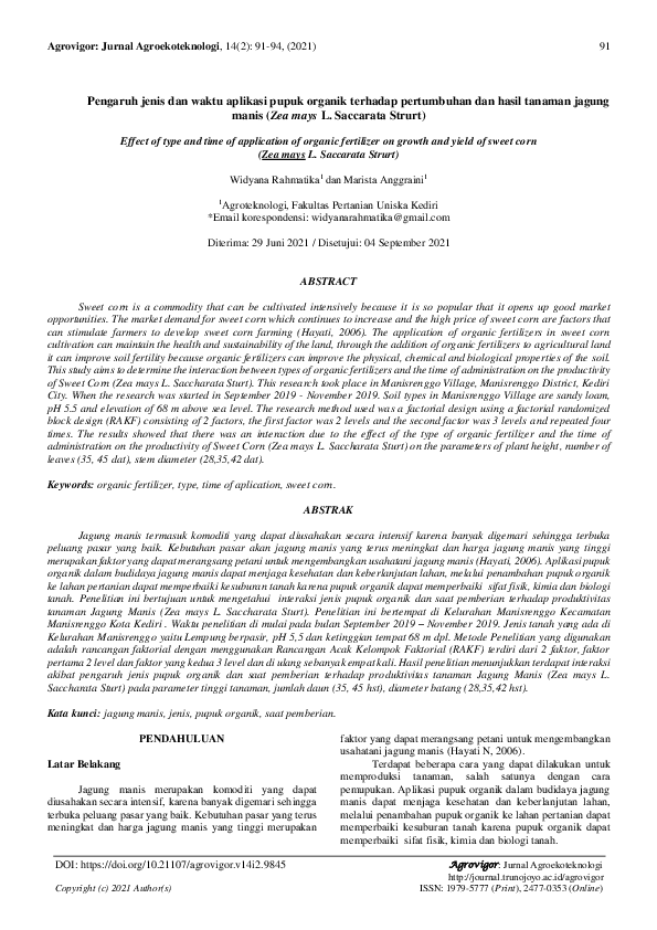 (PDF) Pengaruh jenis dan waktu aplikasi pupuk organik terhadap pertumbuhan dan hasil tanaman ...