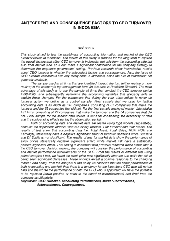 (PDF) Antecedent and consequence factors of CEO turnover in Indonesia
