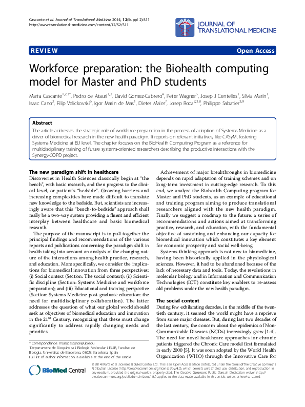 (PDF) Workforce preparation: the Biohealth computing model for Master and PhD students