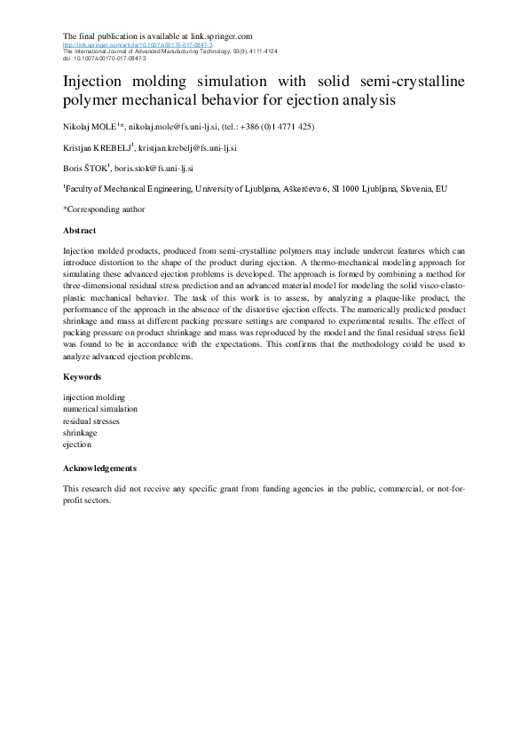(PDF) Injection molding simulation with solid semi-crystalline polymer mechanical behavior for ...