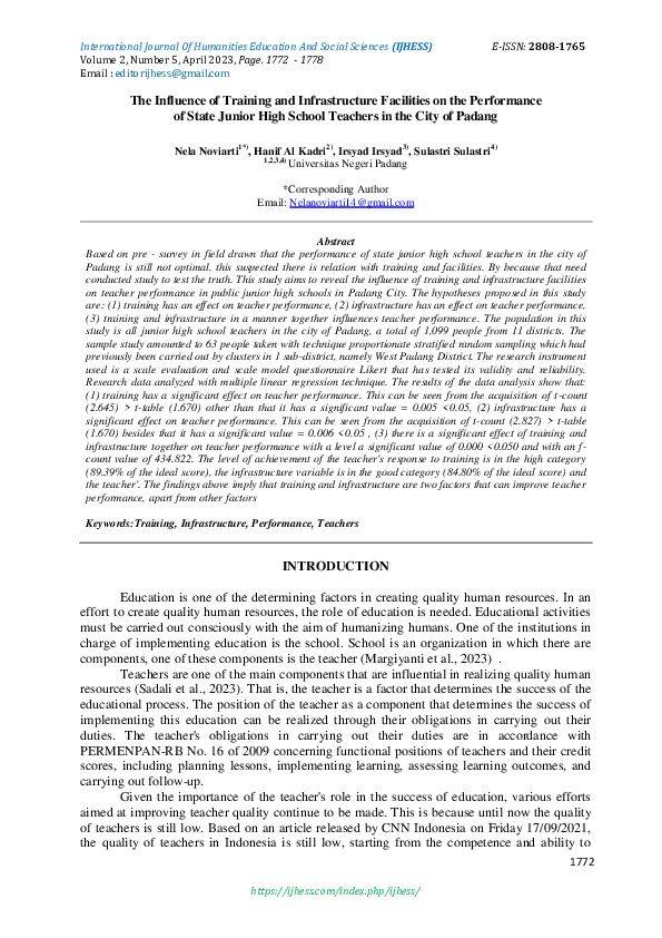 (PDF) The Influence of Training and Infrastructure Facilities on the Performance of State Junior ...