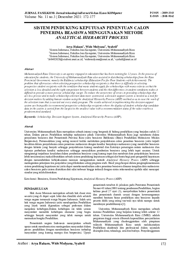 (PDF) Sistem Pendukung Keputusan Penentuan Calon Penerima Beasiswa Menggunakan Metode Analytical ...