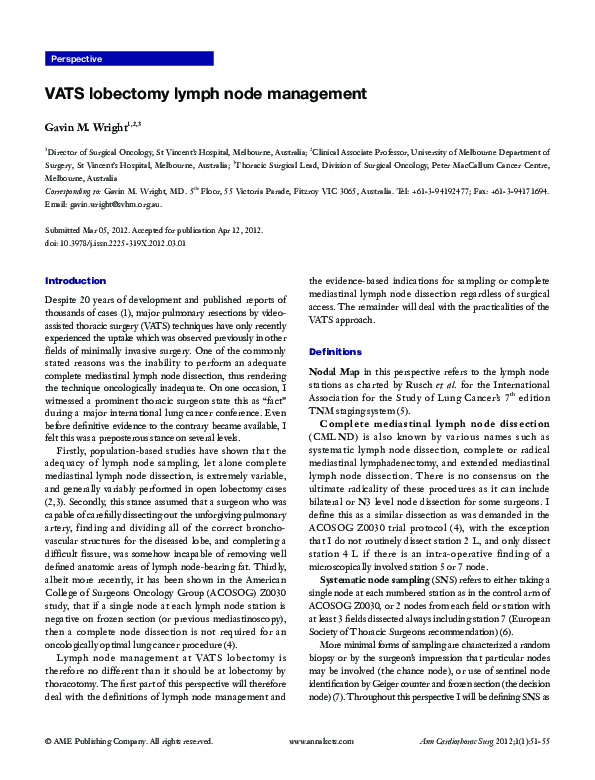 (PDF) VATS lobectomy lymph node management | Gavin Wright - Academia.edu