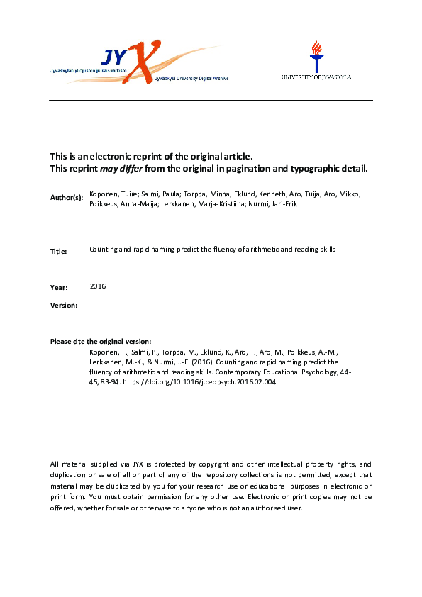 Pdf Counting And Rapid Naming Predict The Fluency Of Arithmetic And Reading Skills