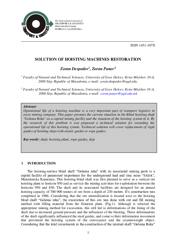 (PDF) Solution of Hoisting Machines Restoration | Zoran Despodov - Academia.edu