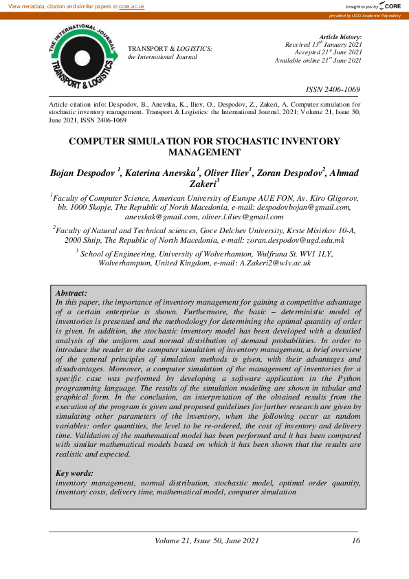 (PDF) Computer Simulation for Stochastic Inventory Management