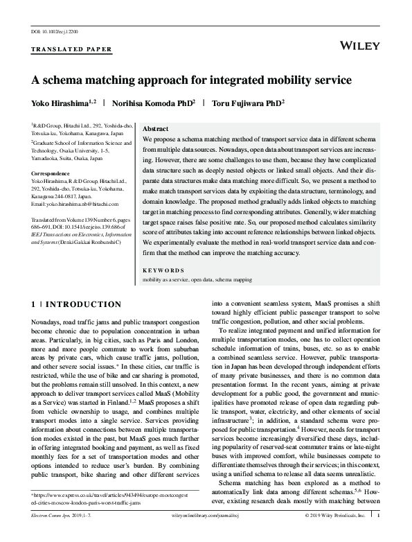 (PDF) A Schema Matching Approach for Integrated Mobility Service | Yoko ...