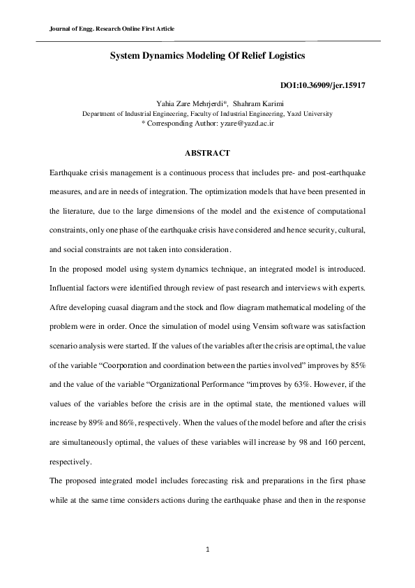 (PDF) System Dynamics Modeling Of Relief Logistics