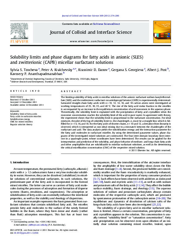 (PDF) Solubility limits and phase diagrams for fatty acids in anionic ...