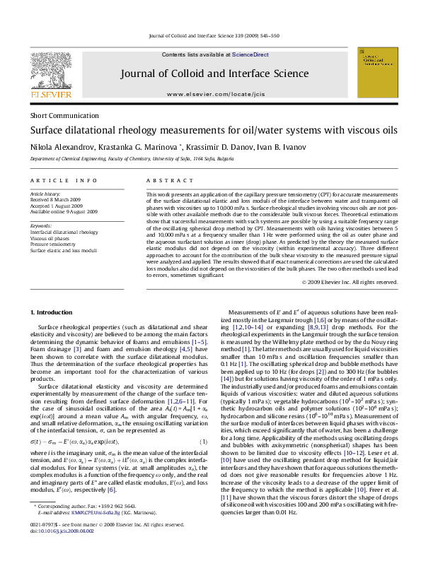 (PDF) Surface dilatational rheology measurements for oil/water systems ...